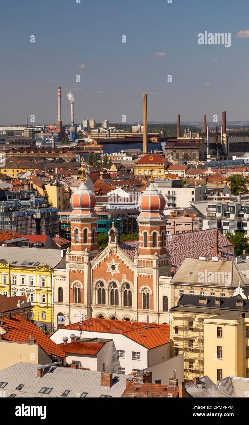 PILSEN, CZECH REPUBLIC, EUROPE - The Great Synagogue, center, and Skoda ...