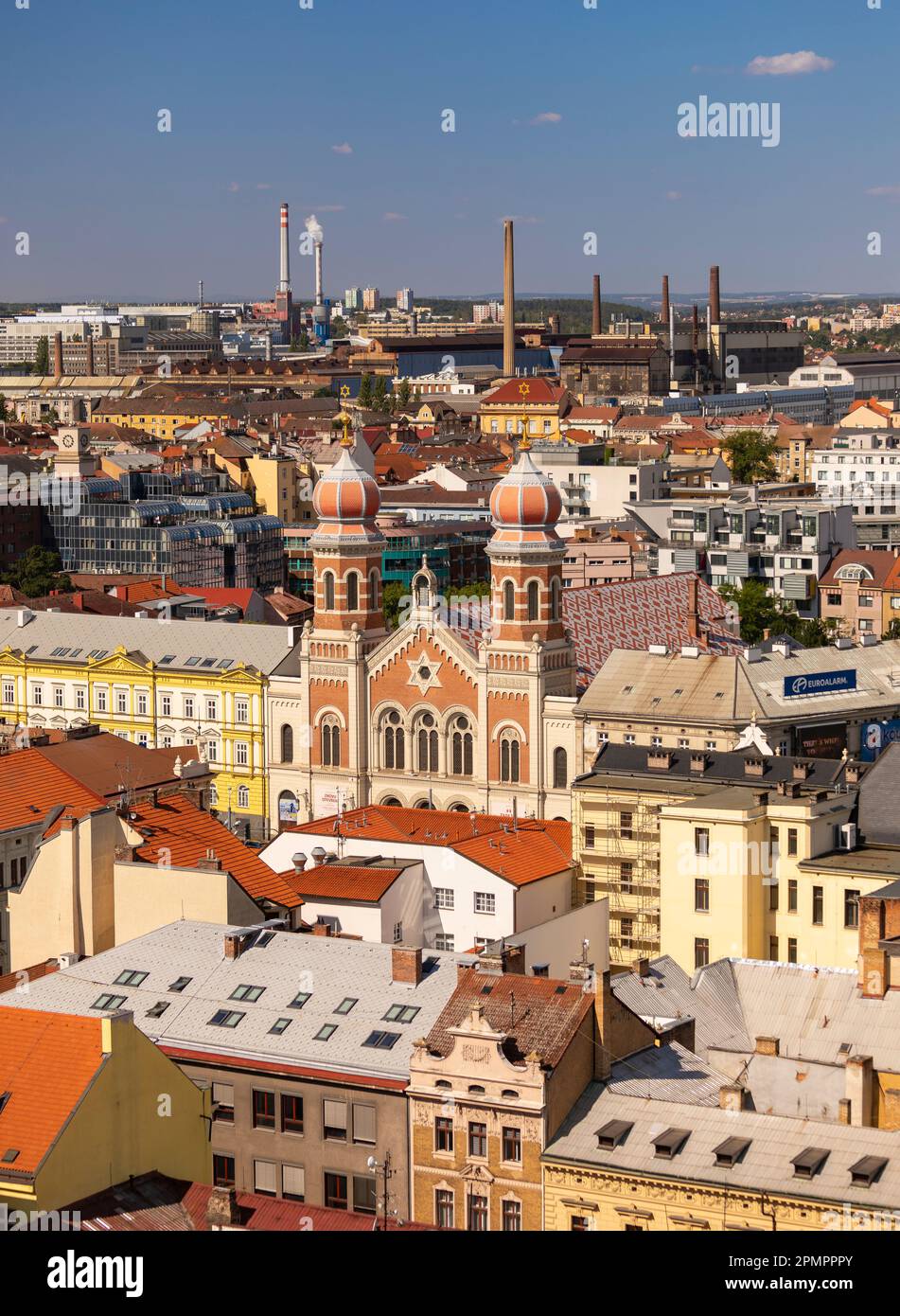 PILSEN, CZECH REPUBLIC, EUROPE - The Great Synagogue, center, and Skoda ...