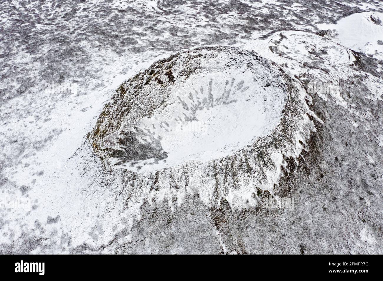 Aerial view over the Eldborg volcanic crater in the Eldborgarhaun lava ...