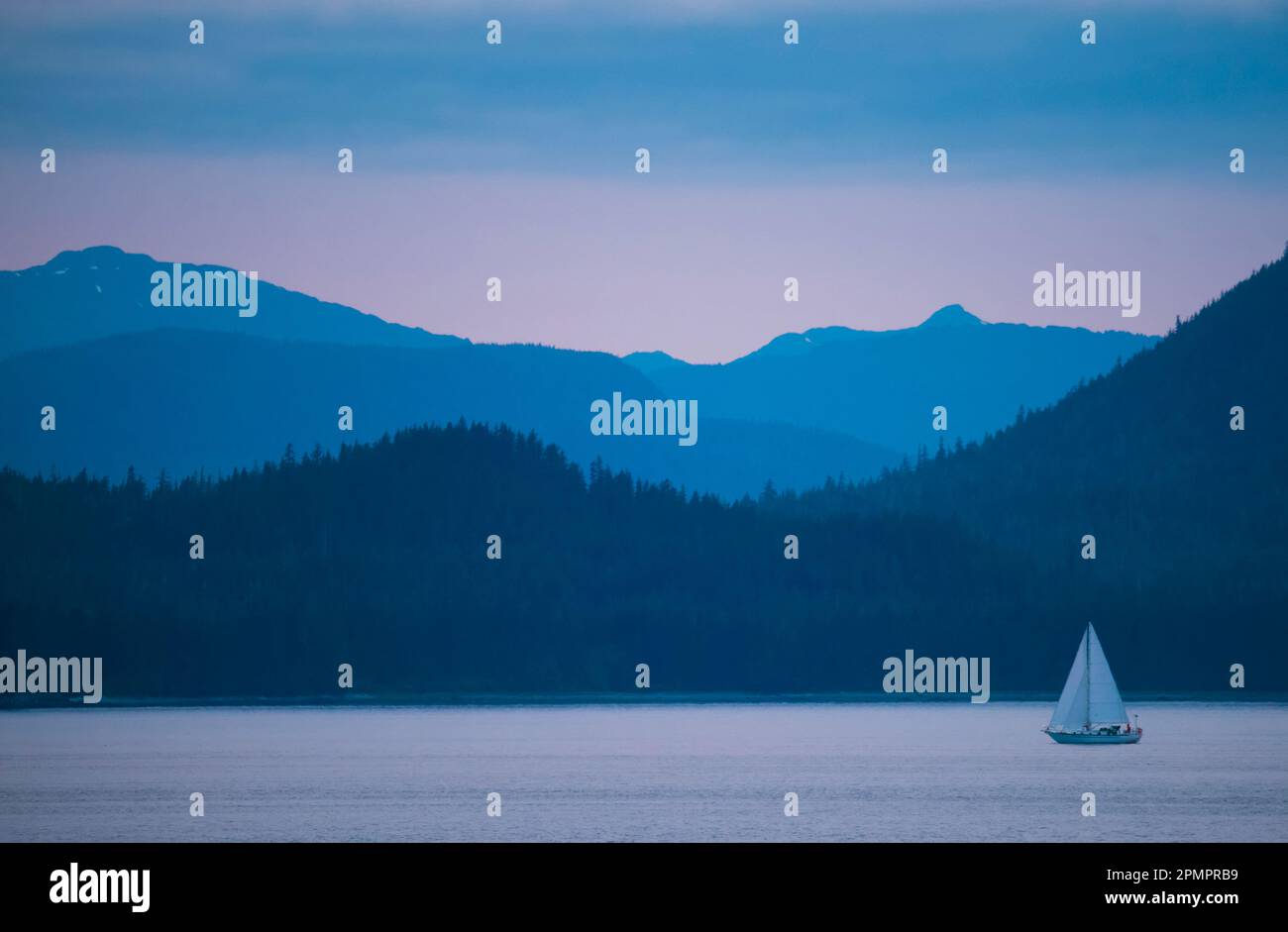 Sailboat in Stephens Passage at twilight, Alaska, USA; Alaska, United ...