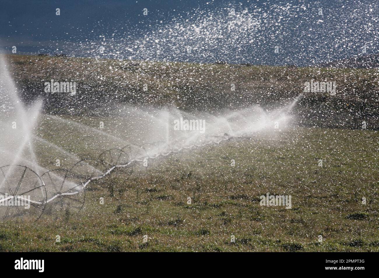 Wheel line Irrigation sprinklers water a hay field along the Peaks to ...