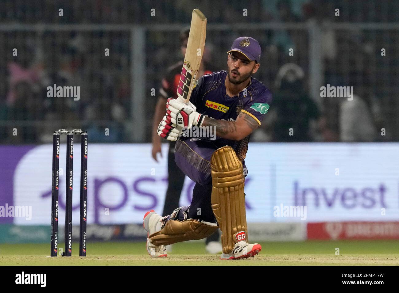 Kolkata Knight Riders' captain Nitish Rana plays a shot during the ...