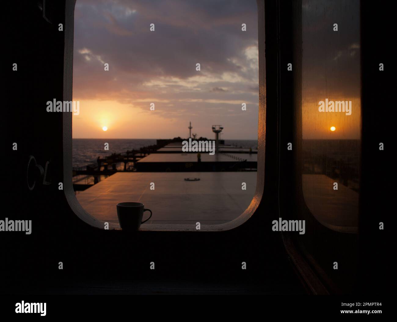 Morning cup of tea with a stunning sky from a merchant ship carrying ...