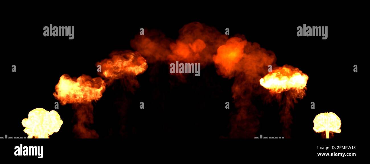Series of powerful blasts with fire, isolated - object 3D rendering ...