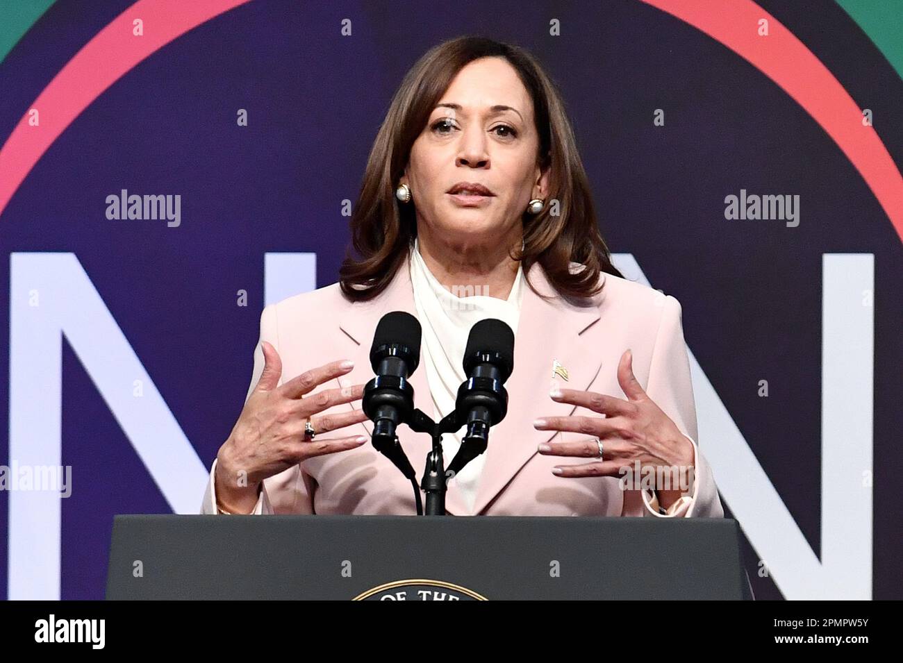 New York, USA. 14th Apr, 2023. U.S. Vice President Kamala Harris speaks at the 2023 National ...