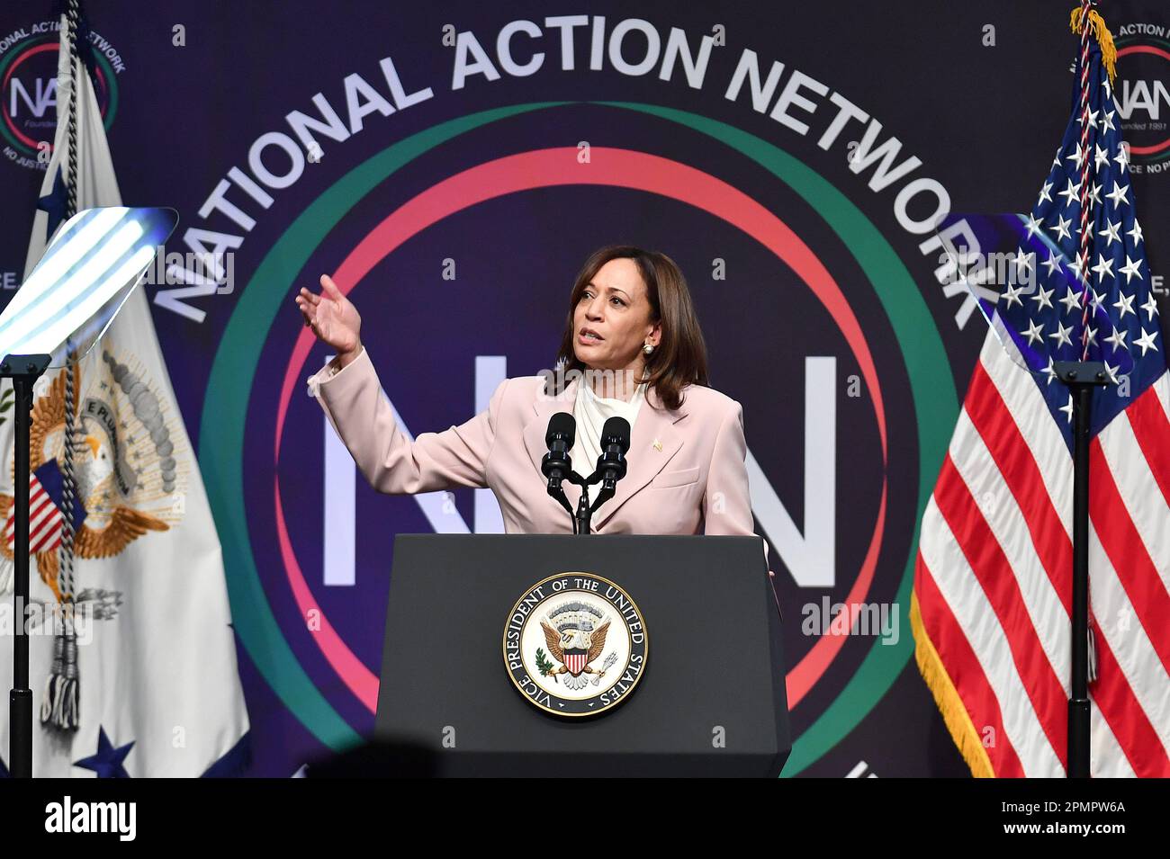 New York, USA. 14th Apr, 2023. U.S. Vice President Kamala Harris speaks at the 2023 National ...