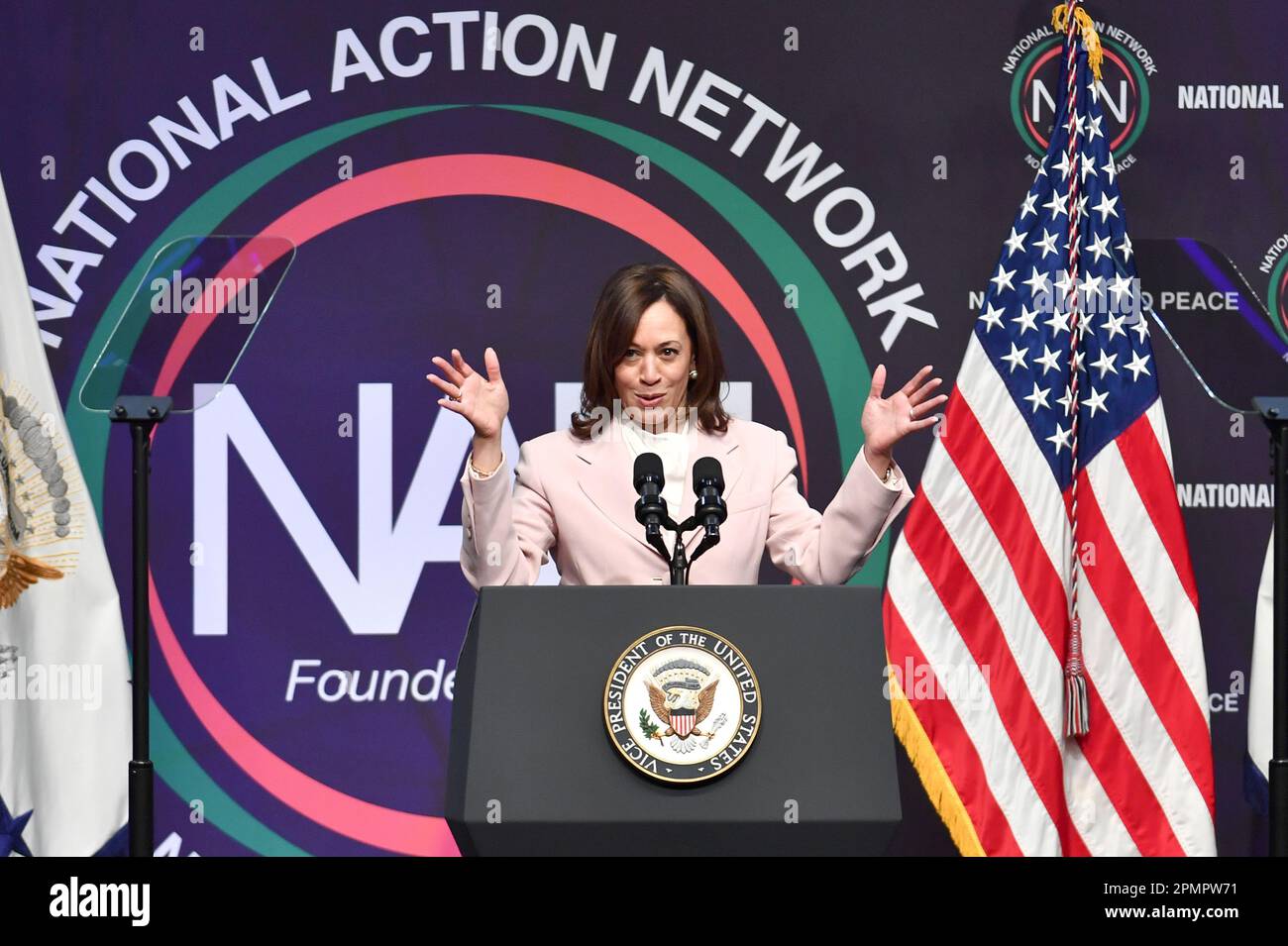 New York, USA. 14th Apr, 2023. U.S. Vice President Kamala Harris speaks at the 2023 National ...