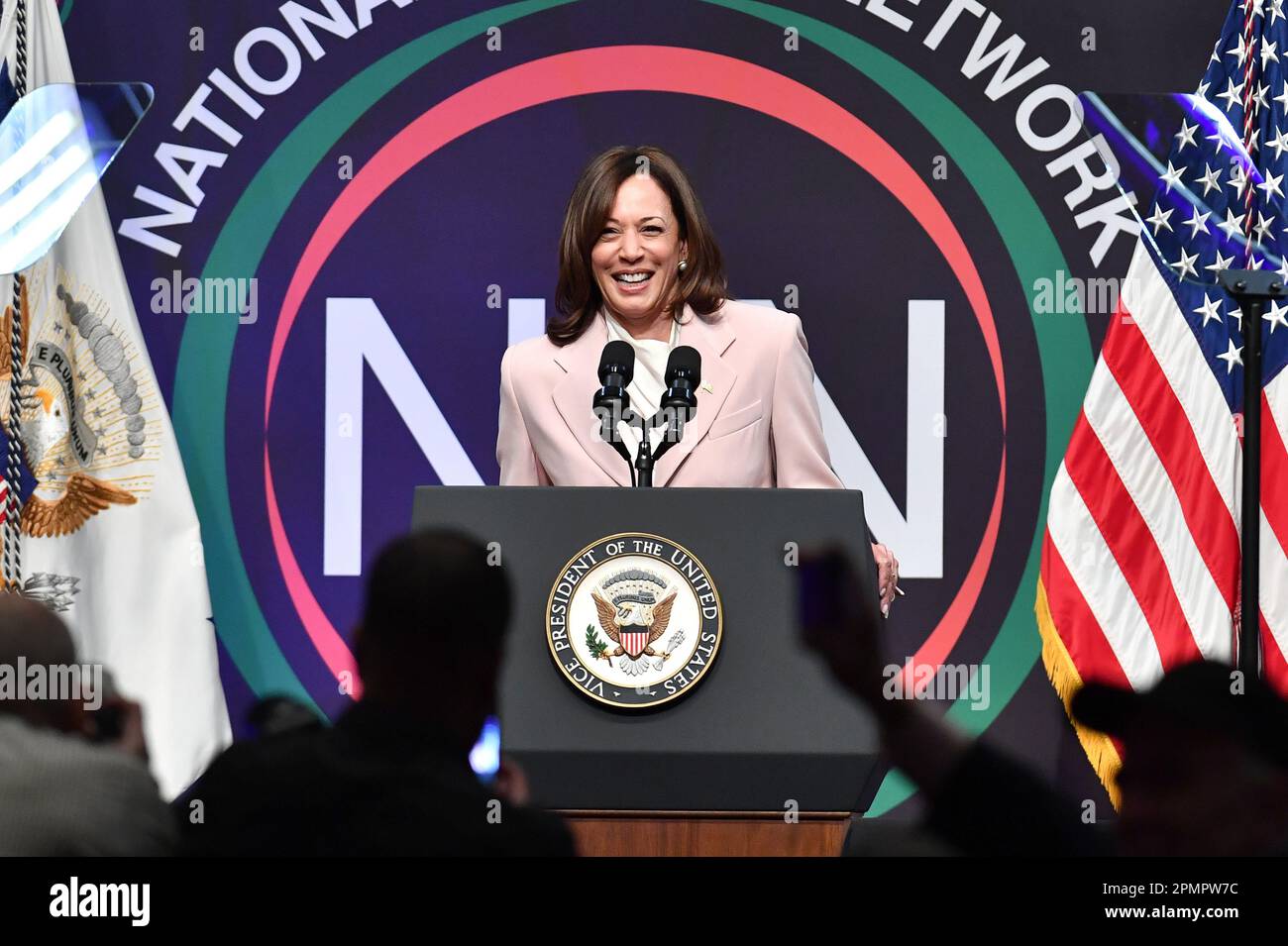 New York, USA. 14th Apr, 2023. U.S. Vice President Kamala Harris speaks at the 2023 National ...