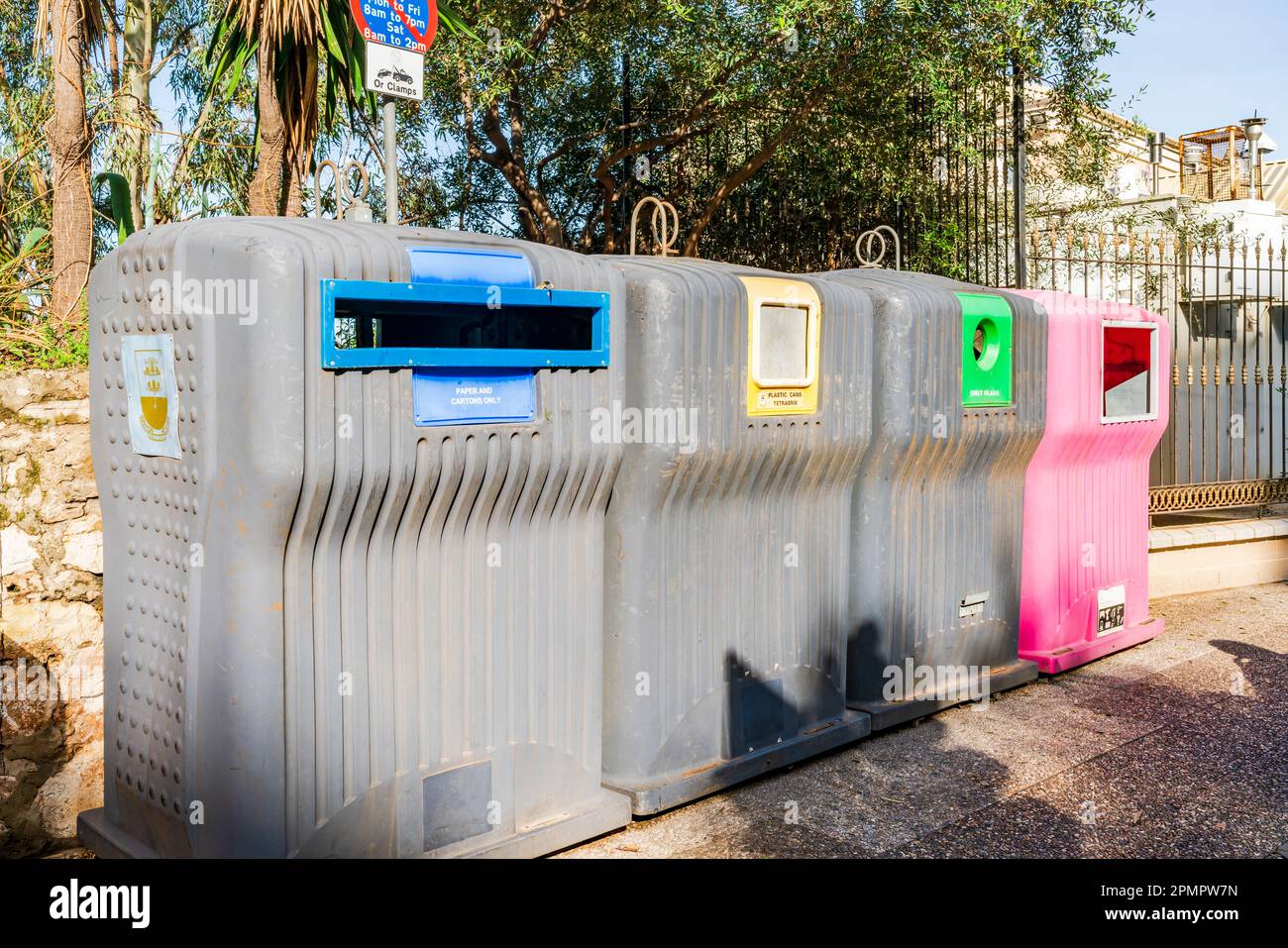 Recycling containers in Gibraltar town, UK Stock Photo - Alamy