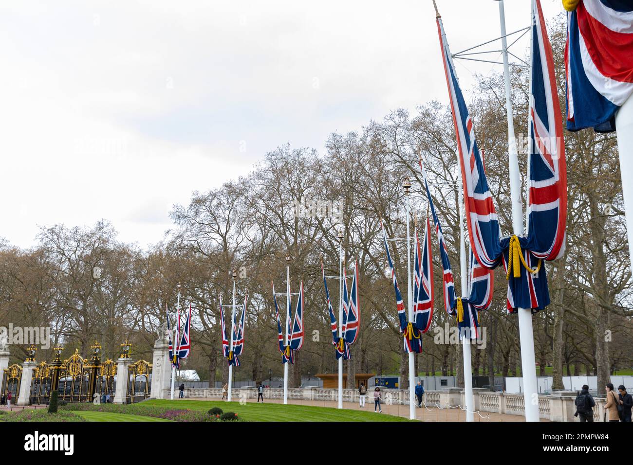 London, UK - 14 April 2023- Union flags have been placed outside ...