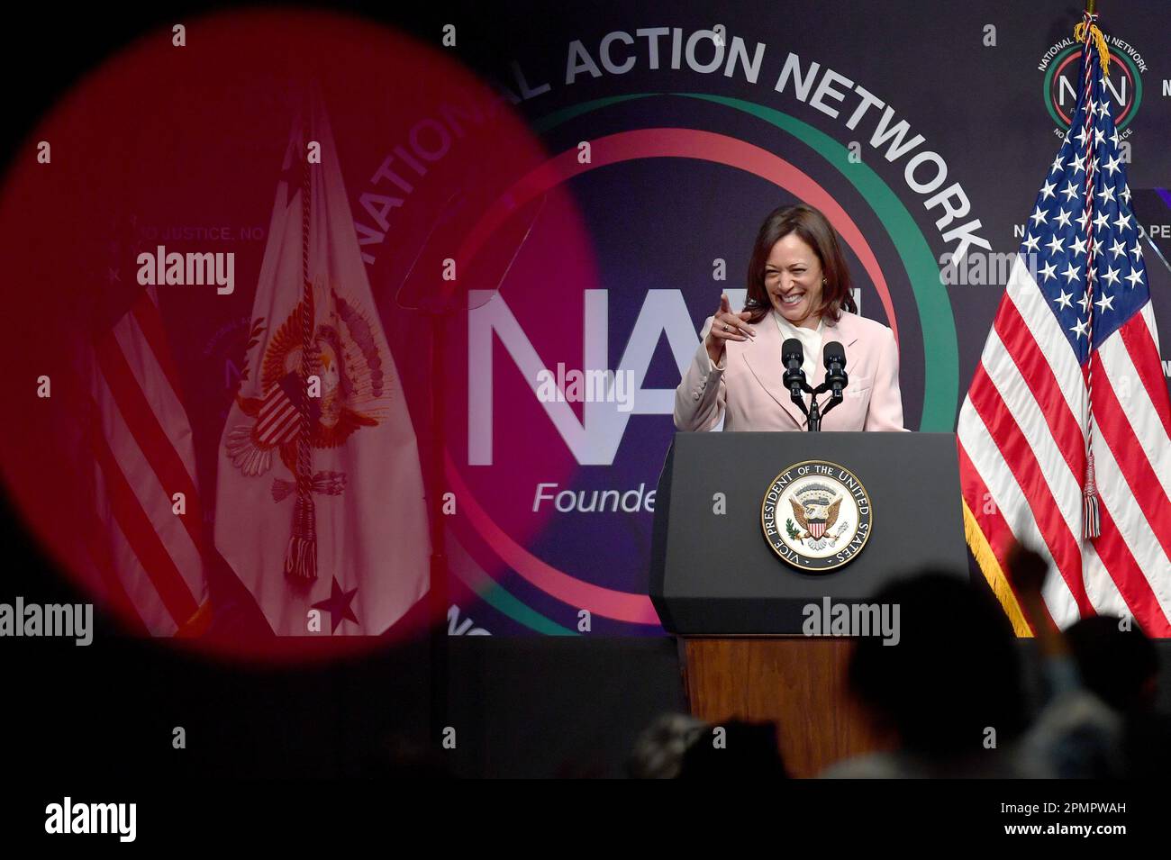 New York, USA. 14th Apr, 2023. U.S. Vice President Kamala Harris speaks at the 2023 National ...