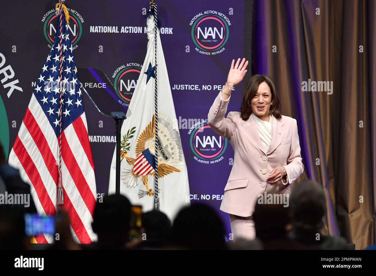 New York, USA. 14th Apr, 2023. U.S. Vice President Kamala Harris seen leaving the stage after ...