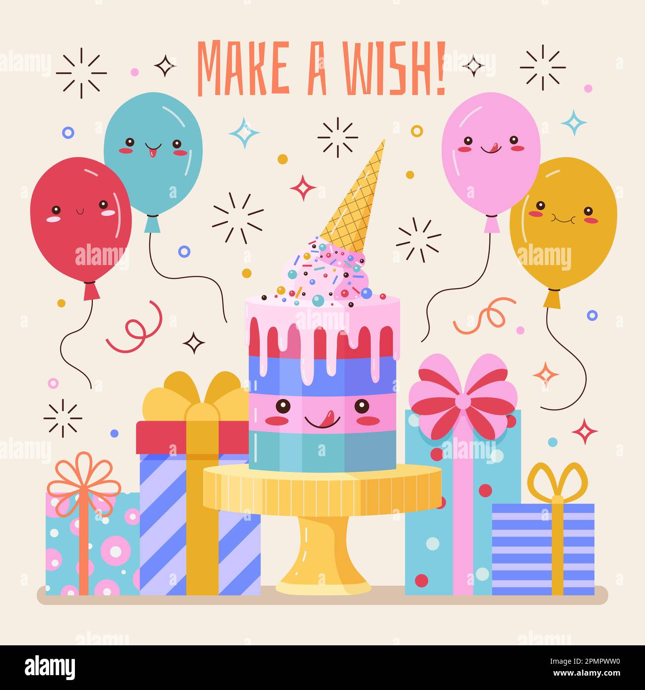 Make a Wish Birthday Card with Cute Kawaii Cake Stock Vector Image ...