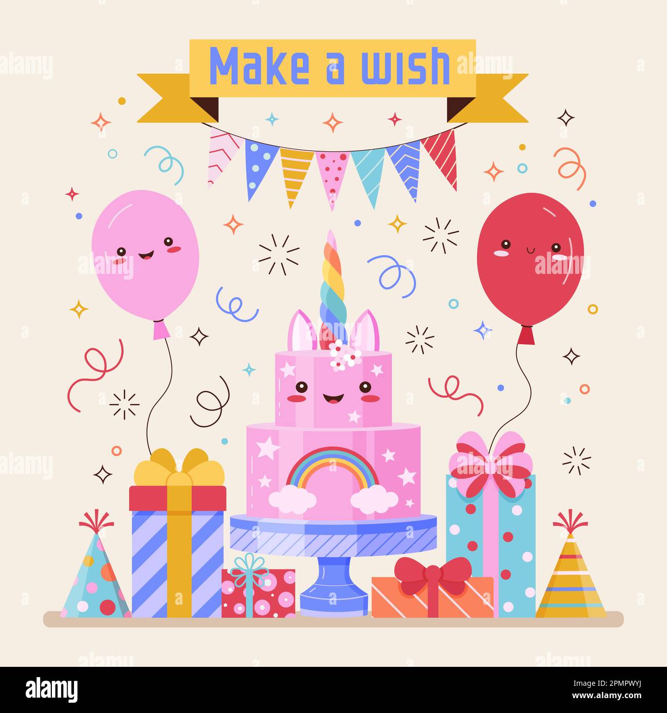 Make A Wish Birthday Card With Cute Kawaii Cake Stock Vector Image And Art Alamy