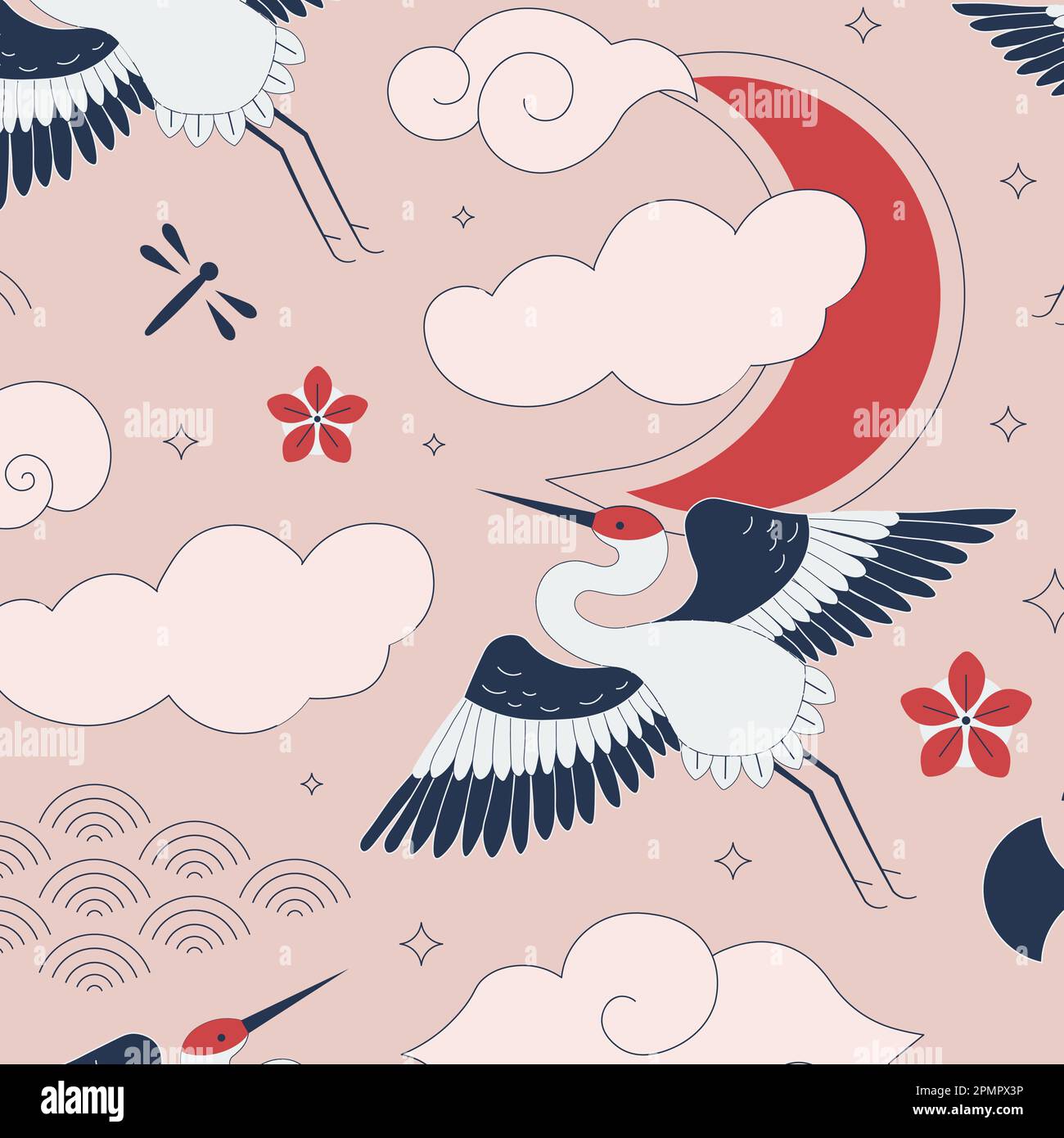 Japanese Cranes Flying in Clouds Oriental Pattern Stock Vector Image ...