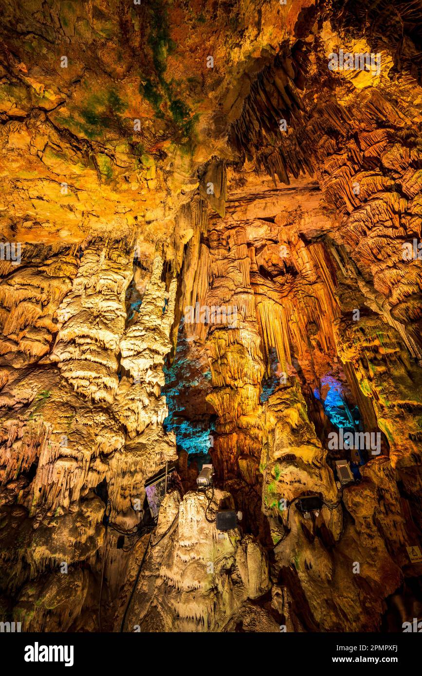 Illuminated natural underground rock formations inside St. Michaels ...