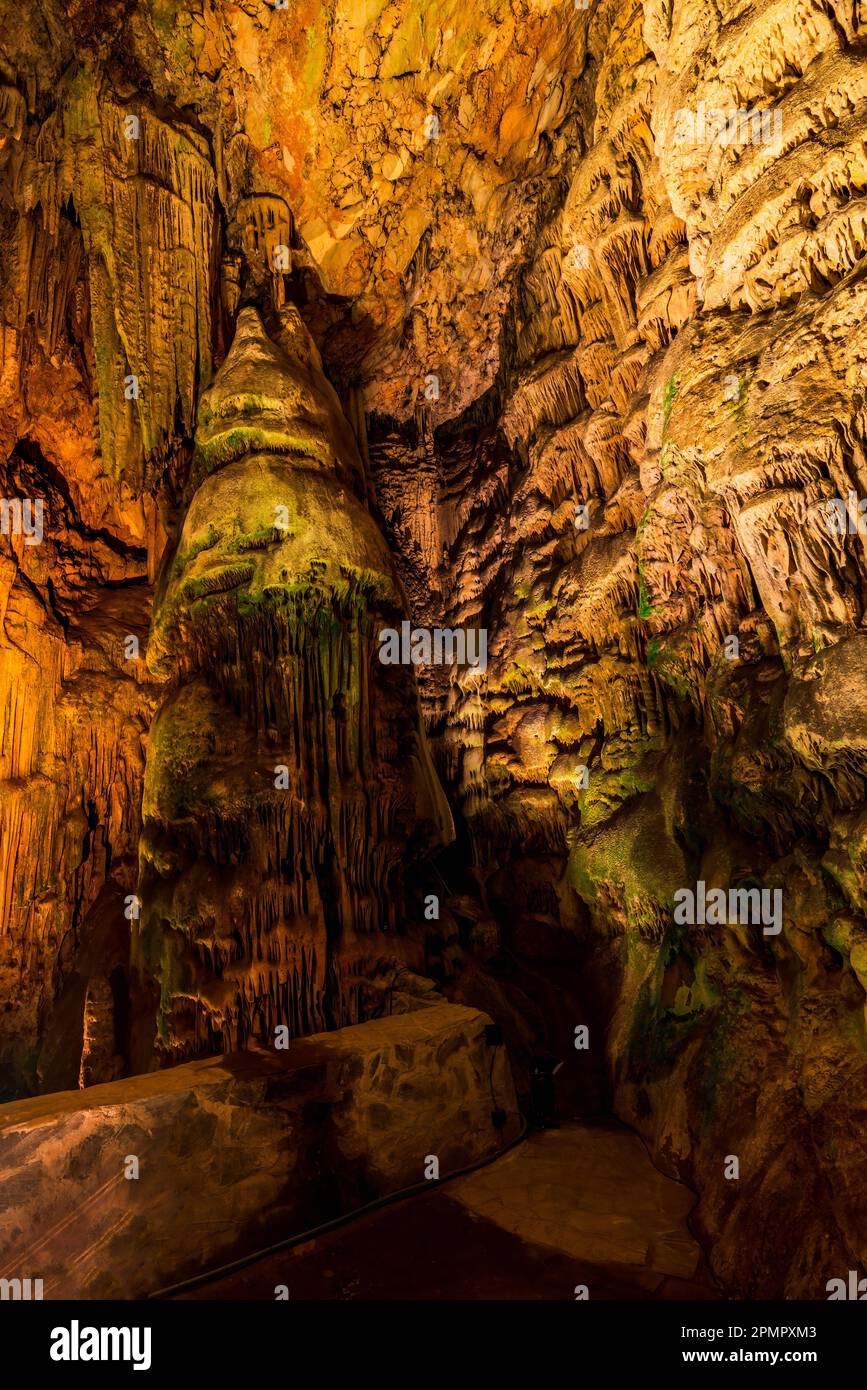 Illuminated natural underground rock formations inside St. Michaels ...