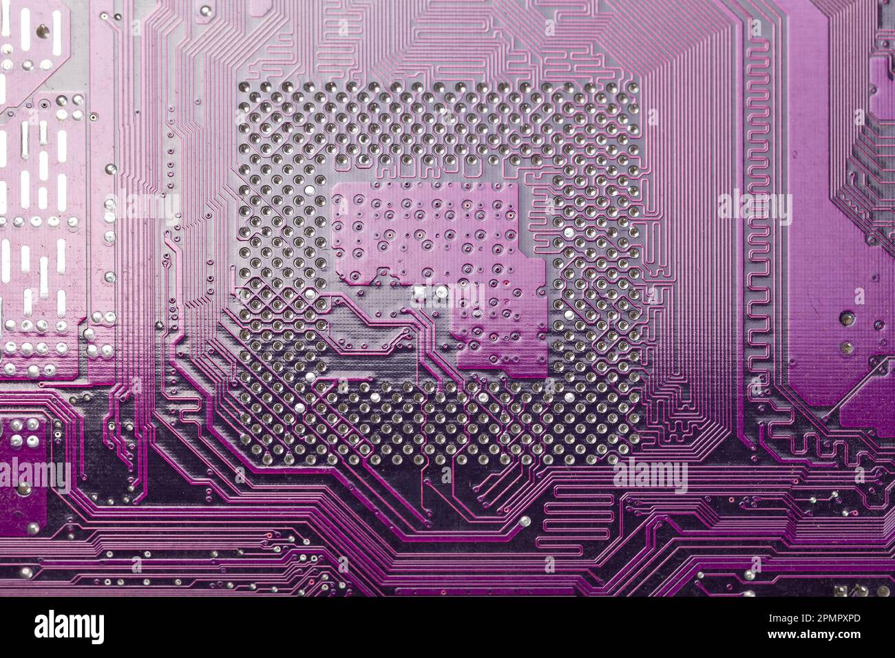 Circuit board background. Close up of a printed purple computer circuit ...