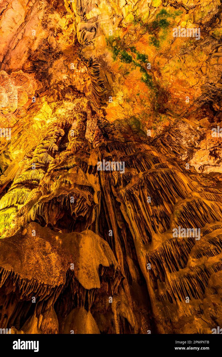 Illuminated natural underground rock formations inside St. Michaels ...