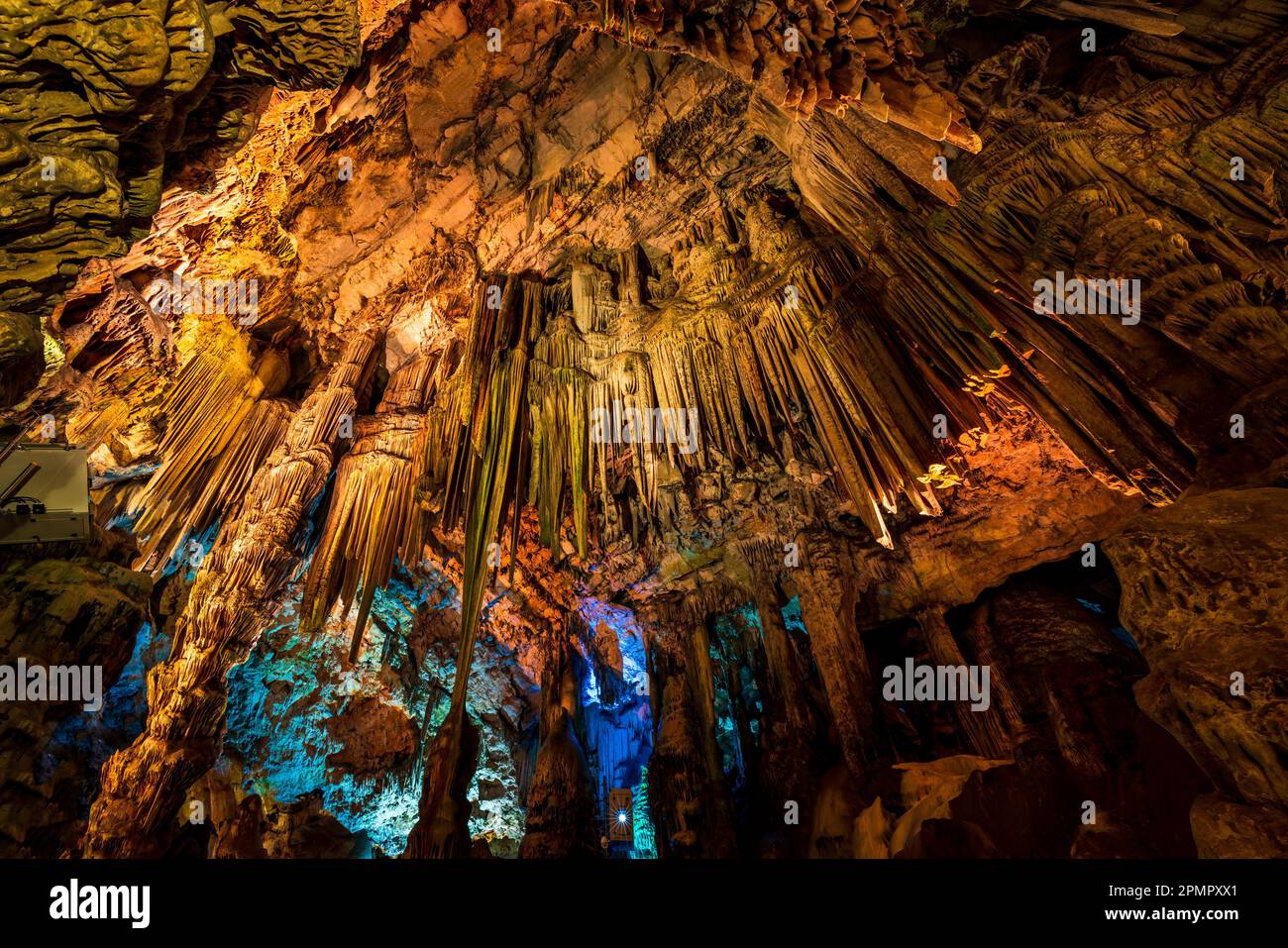 Illuminated natural underground rock formations inside St. Michaels ...