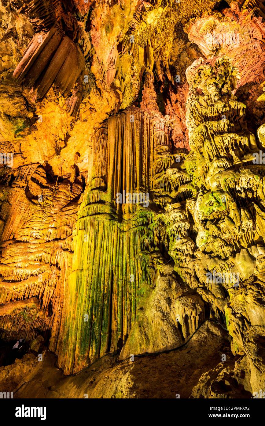 Illuminated natural underground rock formations inside St. Michaels ...