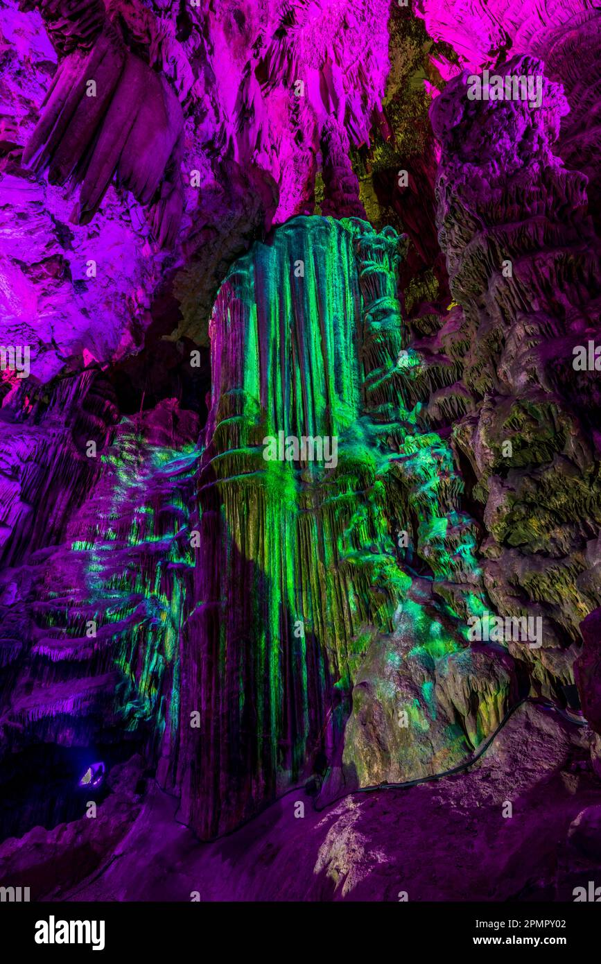 Illuminated natural underground rock formations inside St. Michaels ...