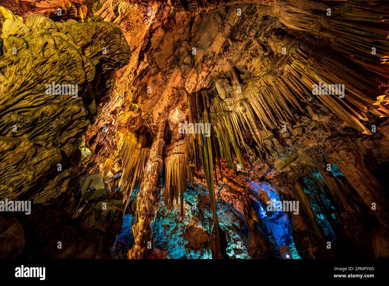 Illuminated natural underground rock formations inside St. Michaels ...