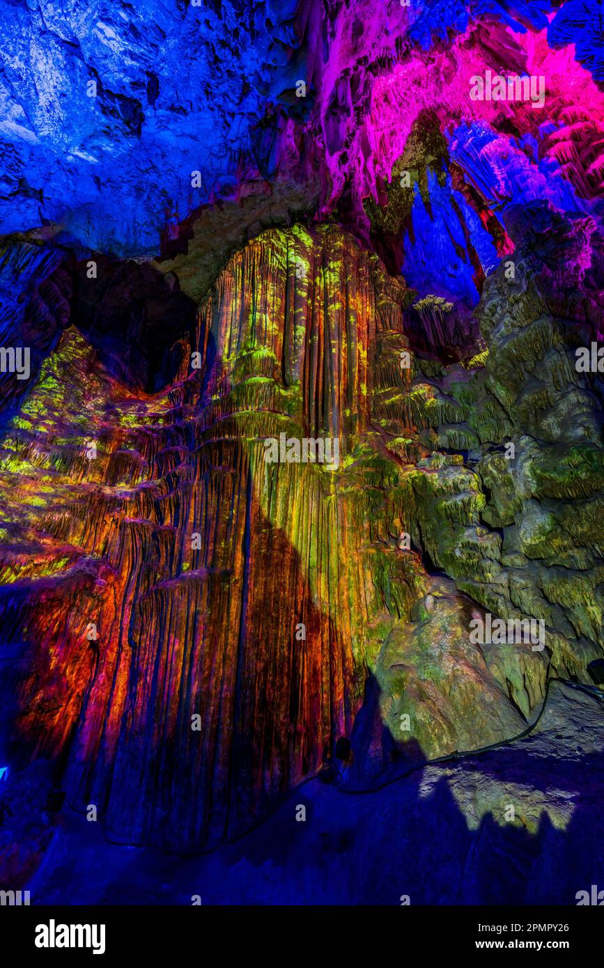 Illuminated natural underground rock formations inside St. Michaels ...
