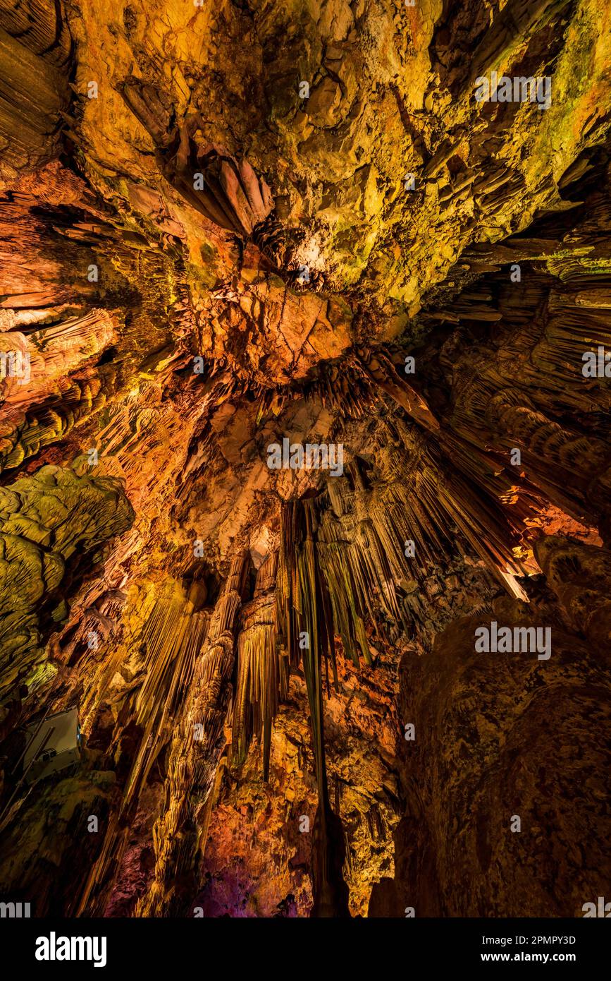 Illuminated natural underground rock formations inside St. Michaels ...