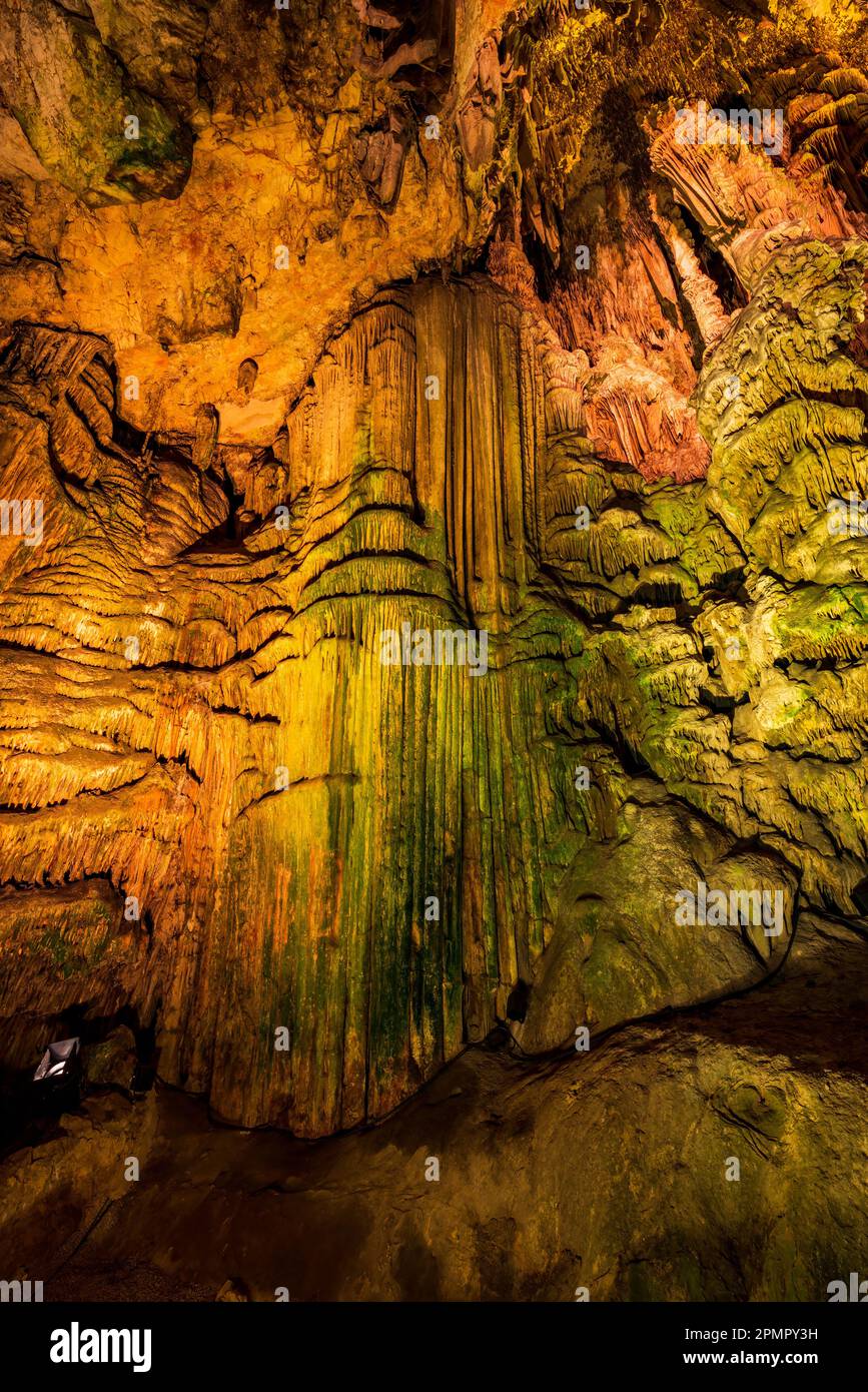 Illuminated natural underground rock formations inside St. Michaels ...