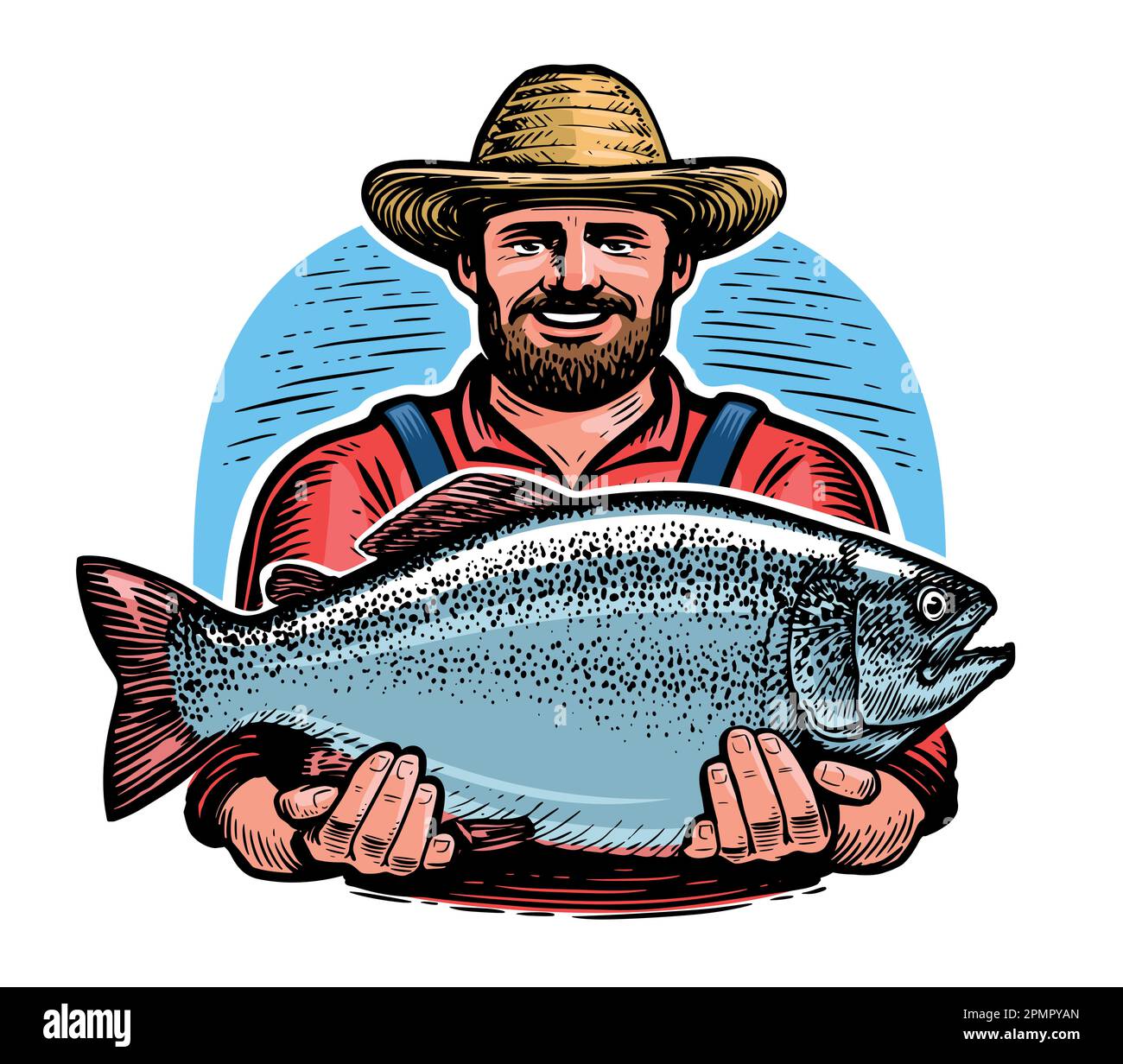 Happy fisherman holds the big fish in his hands. Sport fishing, emblem ...