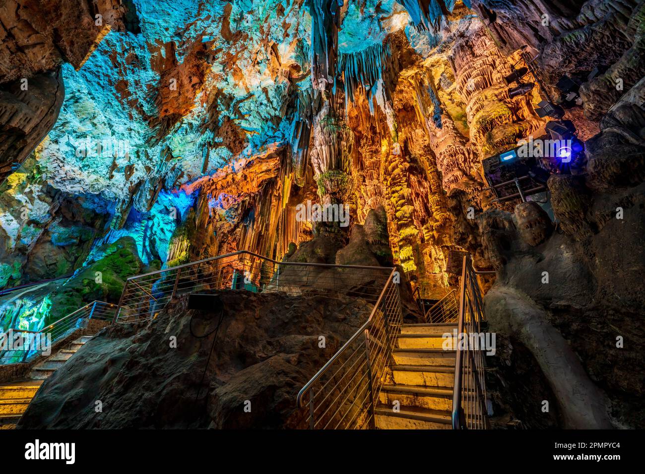 Illuminated natural underground rock formations inside St. Michaels ...