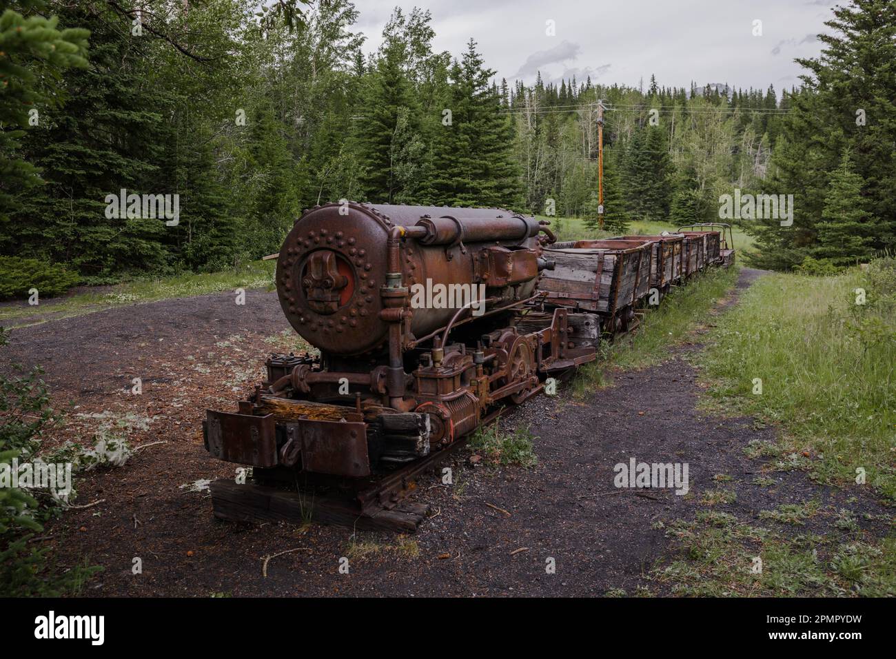 Old rusty train - steam locomotive. An abandoned coal mine overgrown ...