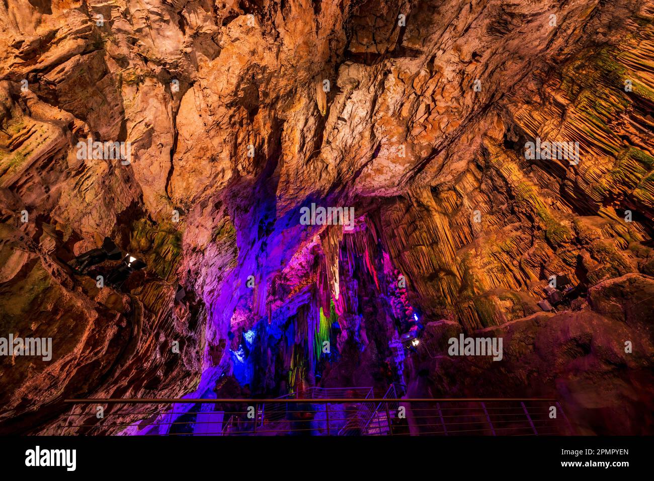 Illuminated natural underground rock formations inside St. Michaels ...