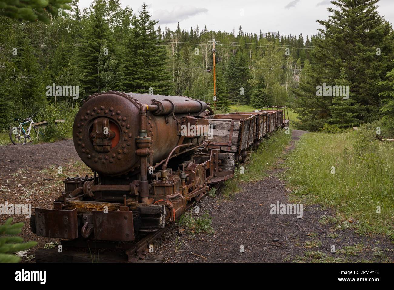 Old rusty train - steam locomotive. An abandoned coal mine overgrown ...