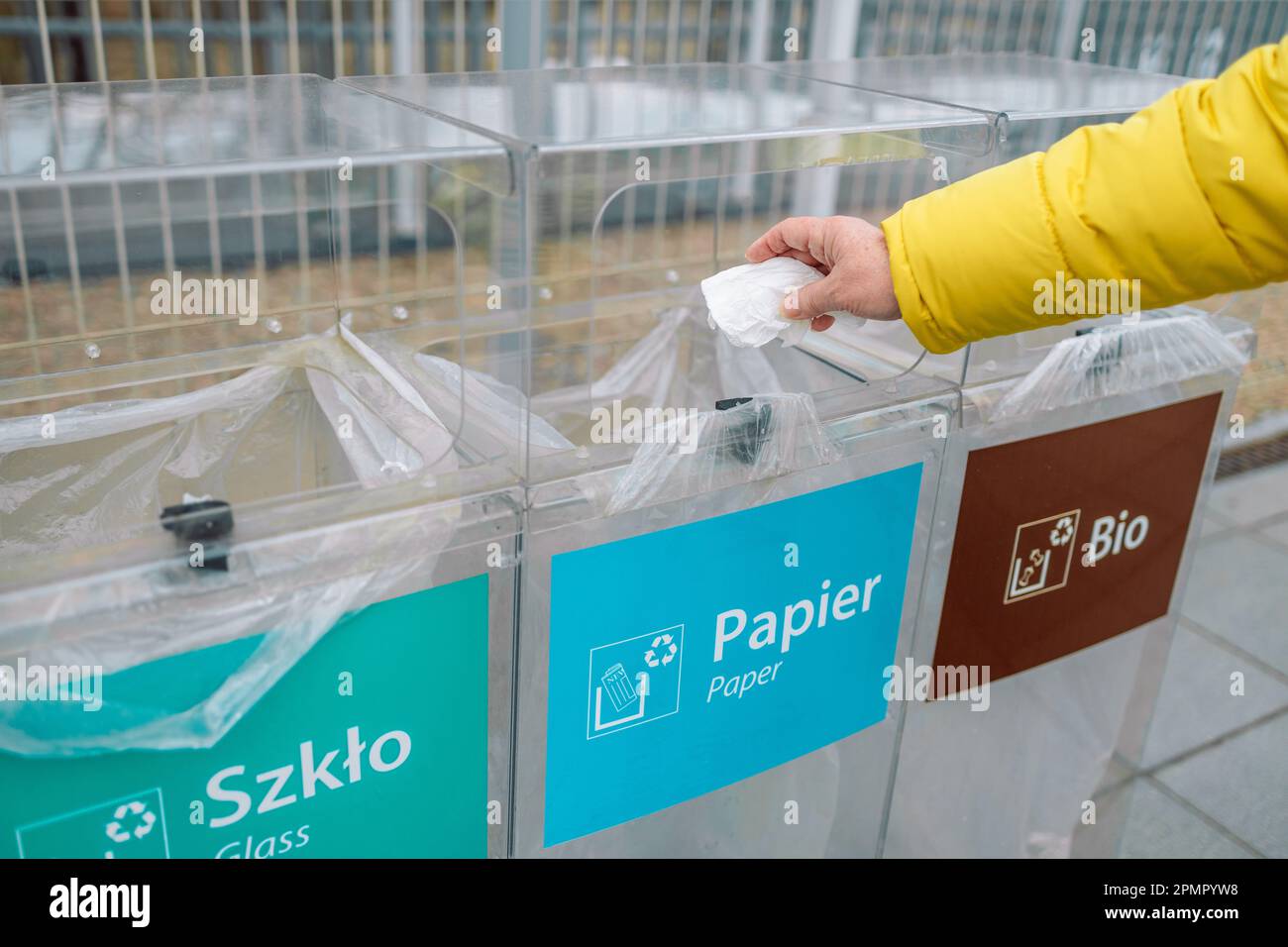 Bins for different garbage. Woman hand throwing a white used crumpled ...
