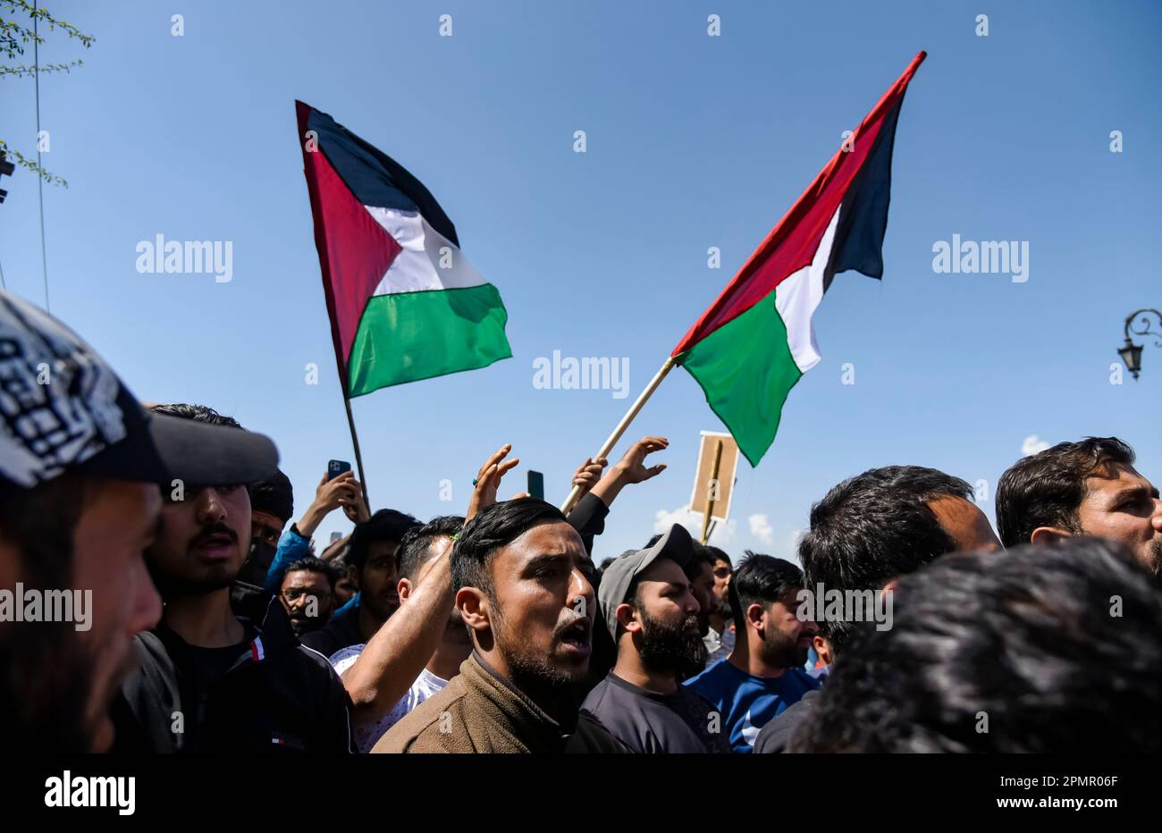 Srinagar, India. 14th Apr, 2023. Kashmiri Muslims shout pro-Palestinian ...