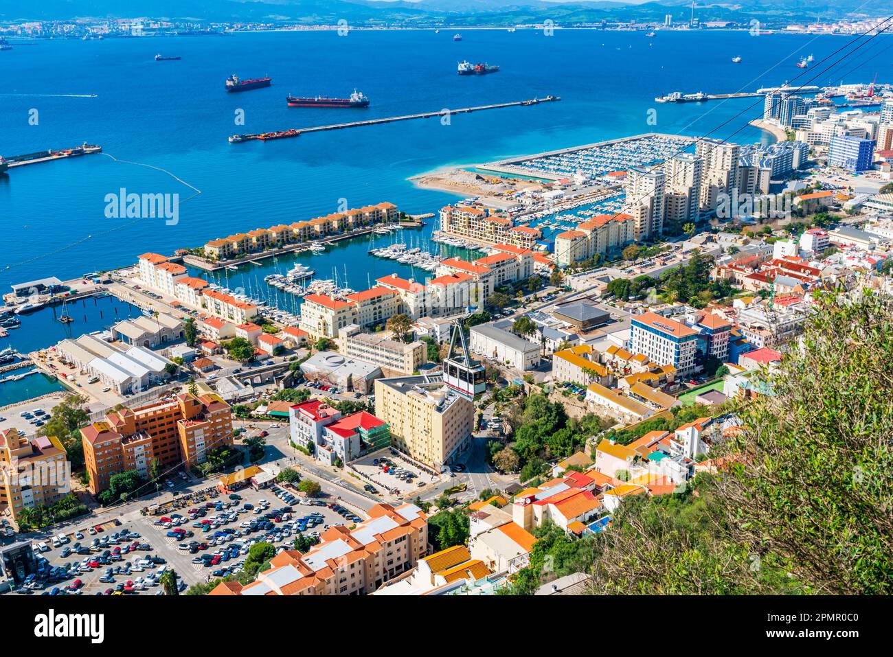 View of Gibraltar town and Spain across Bay of Gibraltar from the Upper ...