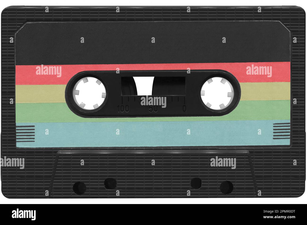 Black audio cassette with a colored label. High resolution isolated on ...