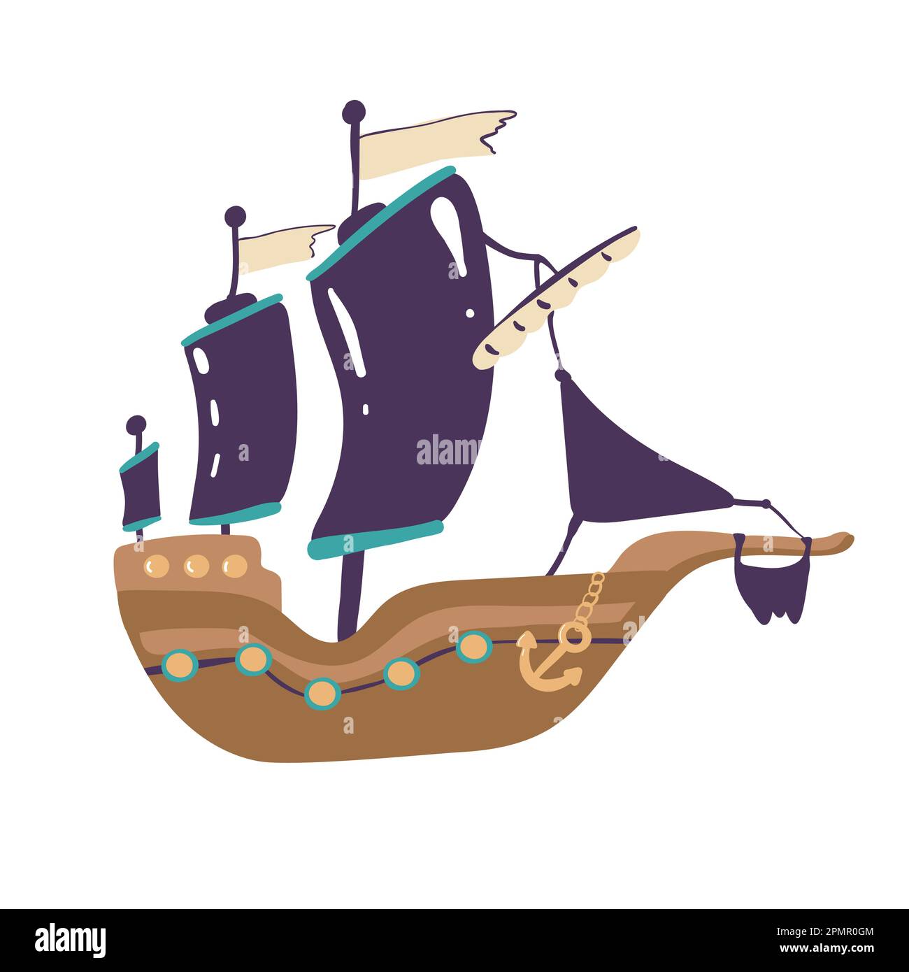 Pirate ship with a flag and black sails with a skull. Flat vector ...