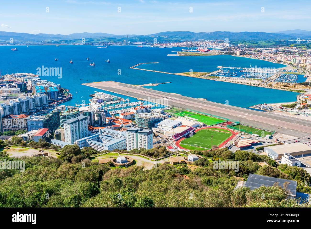 View of runway of the Gibraltar airport and Spanish town La Linea de ...
