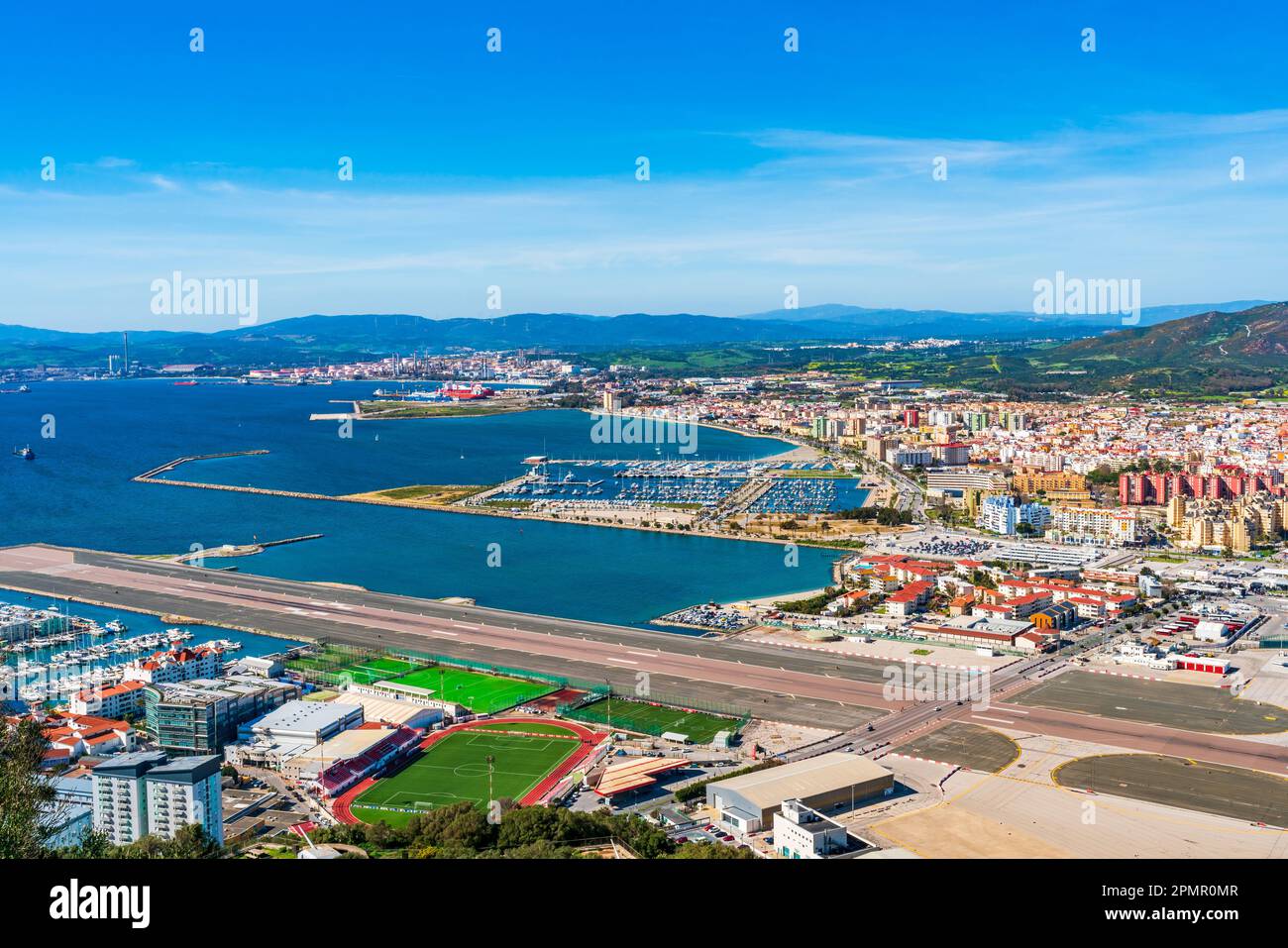 View of runway of the Gibraltar airport and Spanish town La Linea de ...