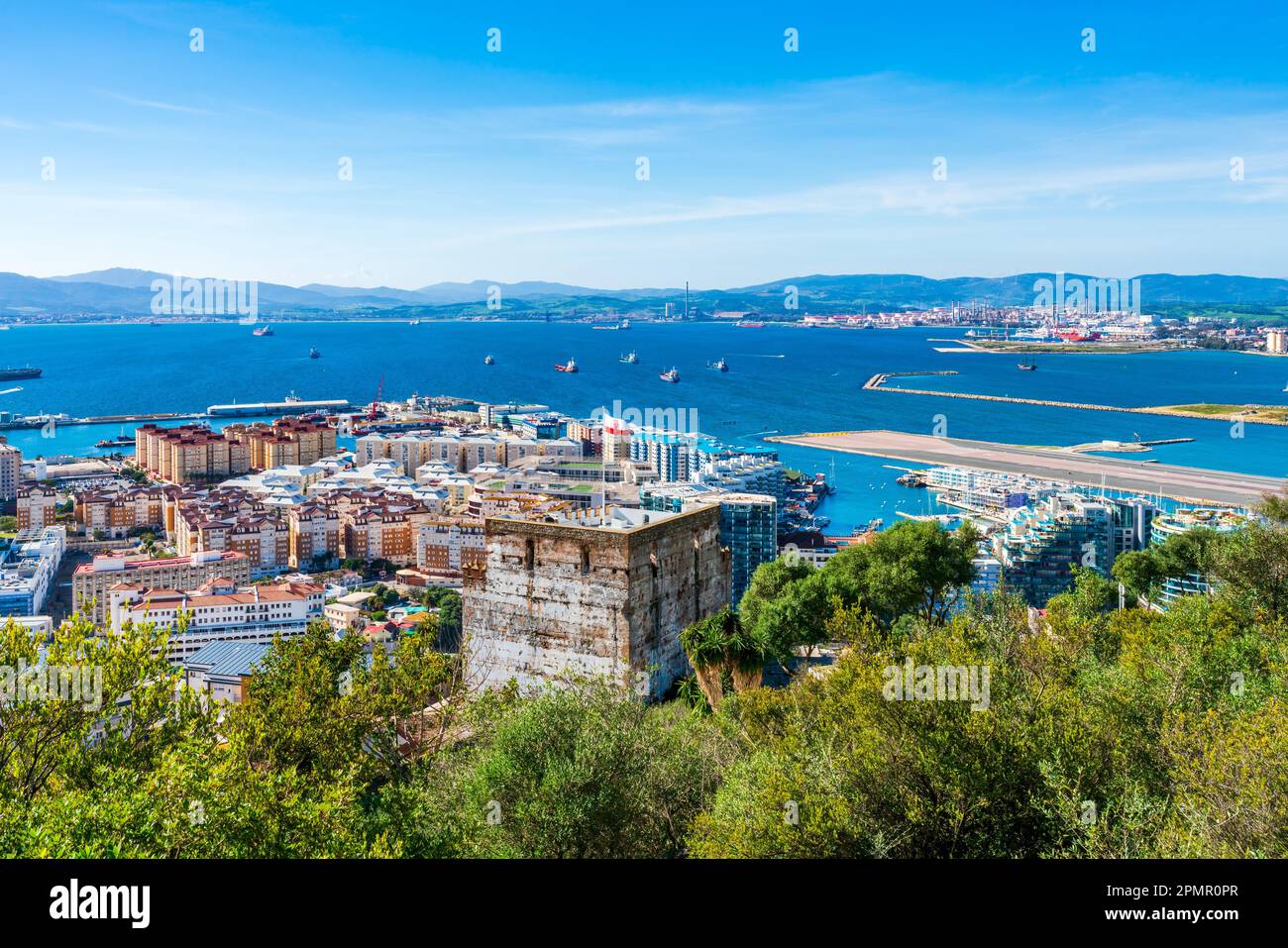 View of Gibraltar town, Moorish Castle Tower and Gibraltar Bay from the ...