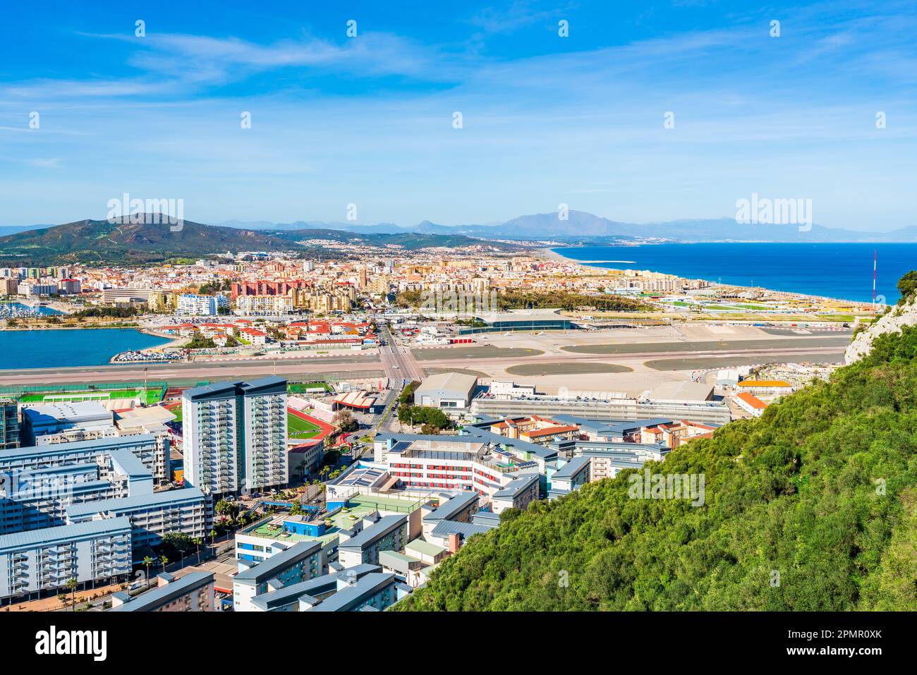 View of the Gibraltar airport and Spanish town La Linea de Conception ...