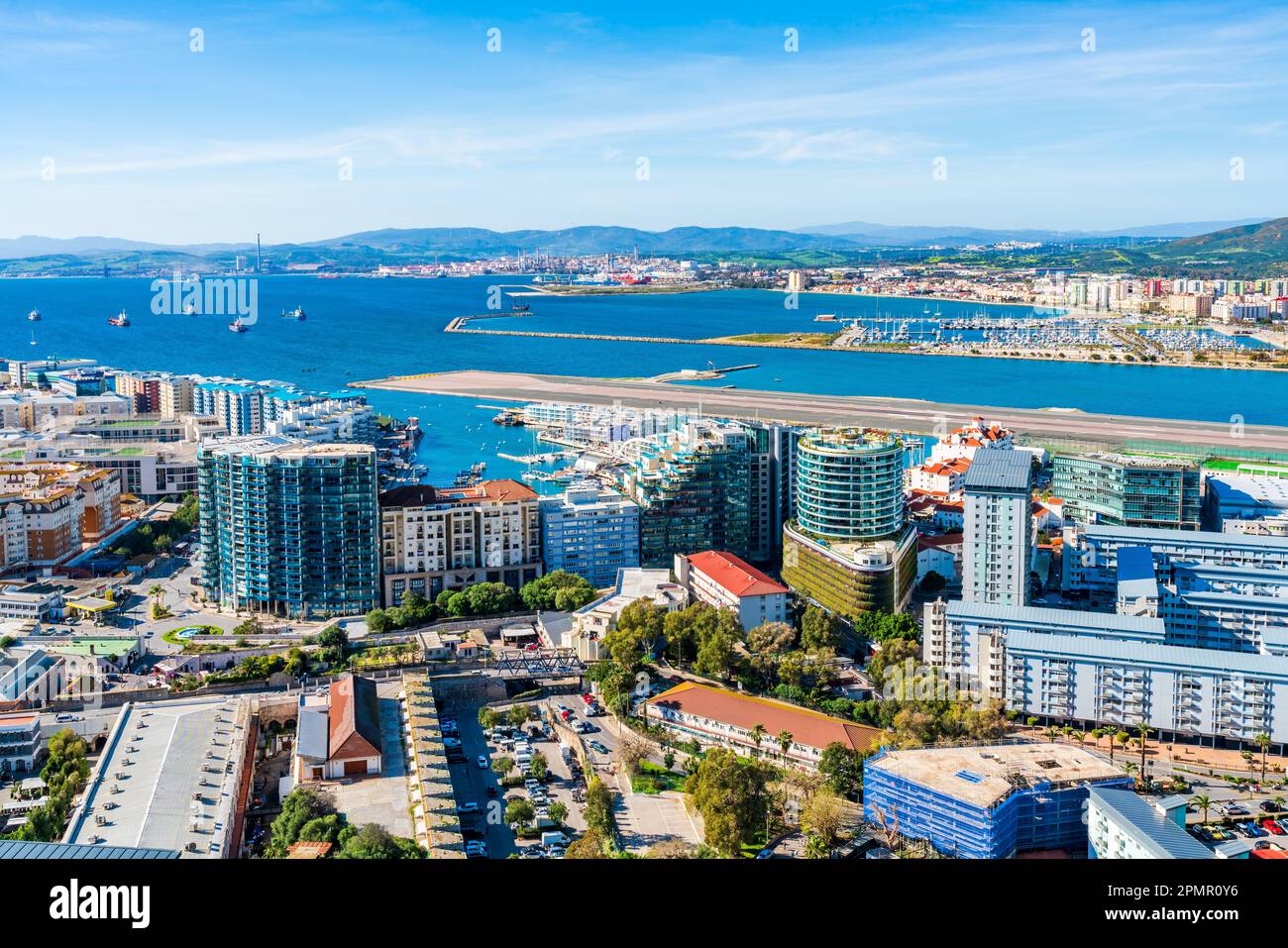 View of Gibraltar city and Spanish coast across the Gibraltar Bay from ...