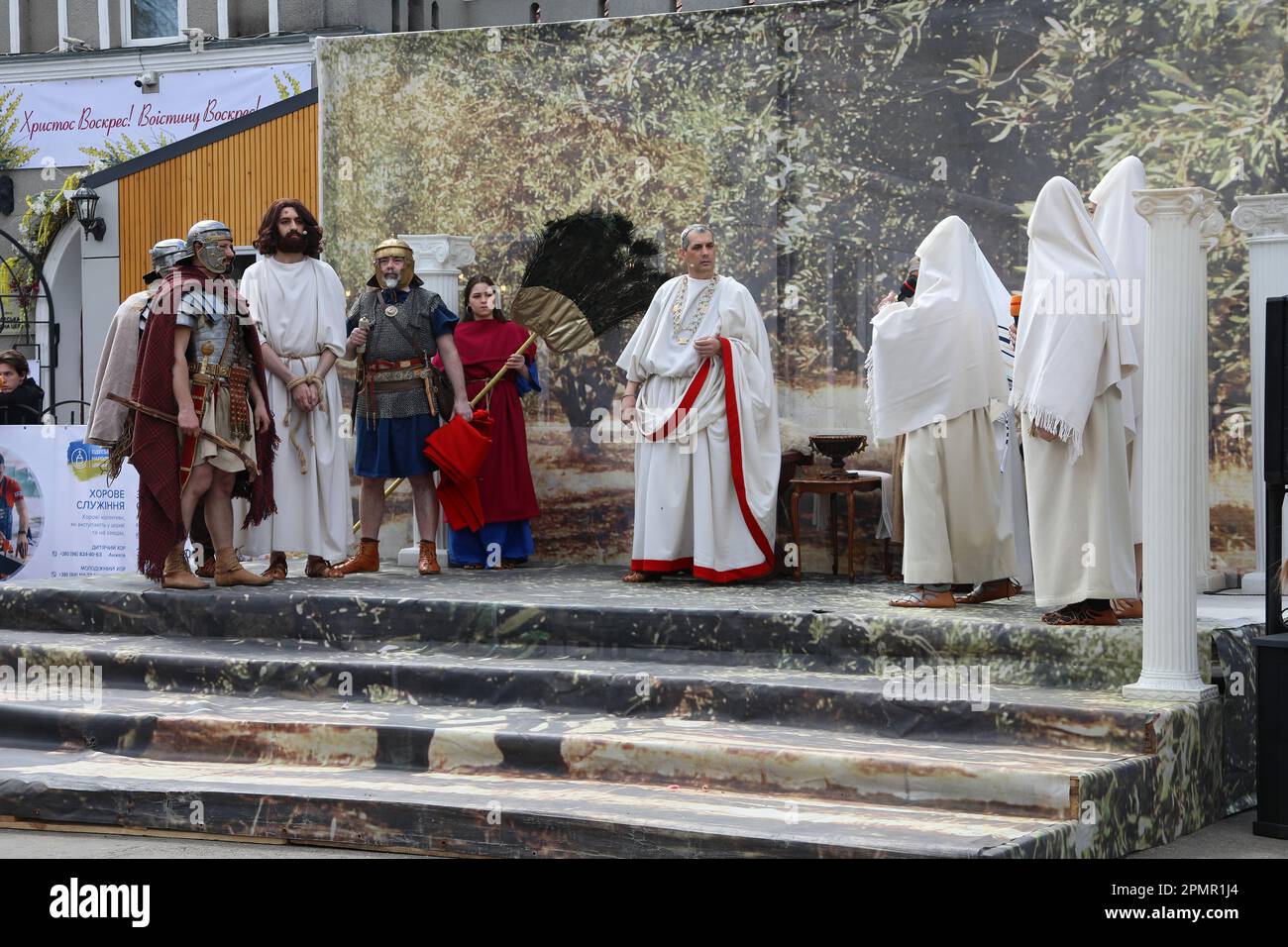 ODESA, UKRAINE - APRIL 14, 2023 - Actors stage the trial of Jesus ...