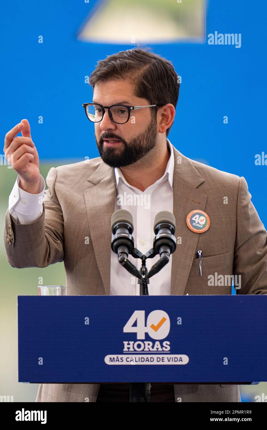 Chilean President Gabriel Boric speaks during a ceremony where he ...