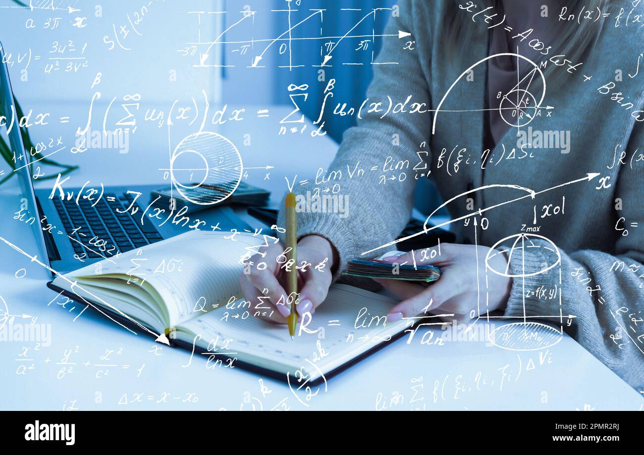 Student or teacher with mathematical and scientific formulas. Concepts ...