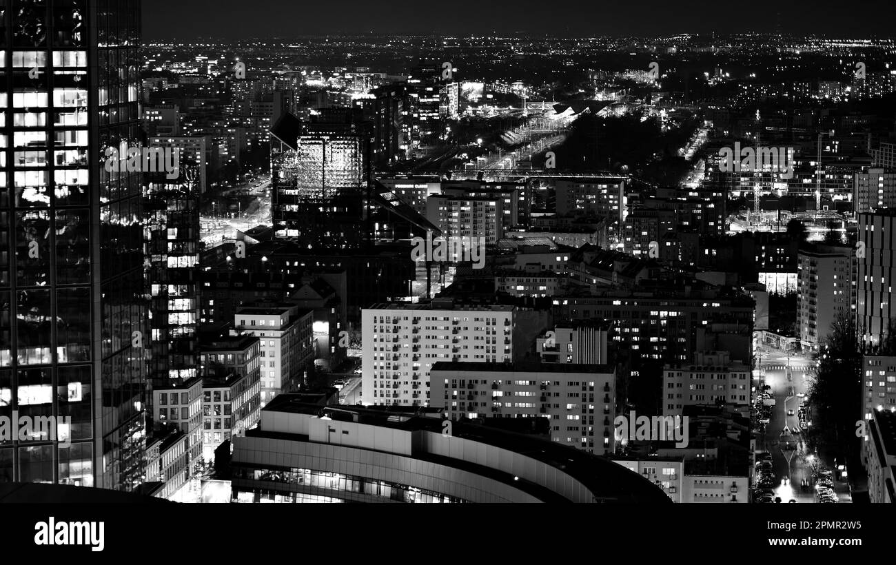 View of at night glass buildings and modern business skyscrapers,. View ...