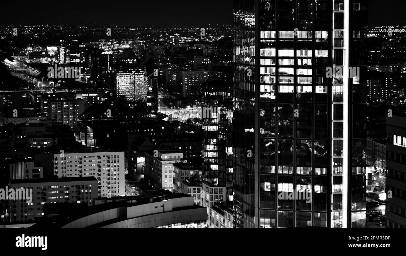 View of at night glass buildings and modern business skyscrapers,. View ...